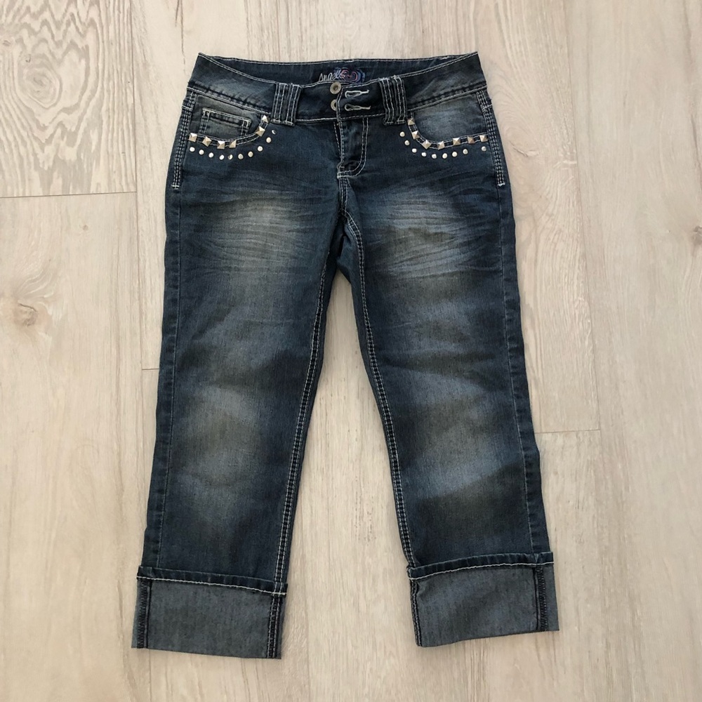 Angels Studded Bling Capris Denim Jeans Cuffed - Gem